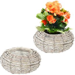 Blumentopf, 2er Set, Rattan, Pflanzentöpfe mit Folie, HxD: 10 x 20 cm, runde Pflanzkörbe für innen, weiß/natur - Relaxdays