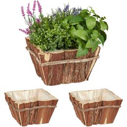 Blumenkasten 3er Set, Holzblumenkasten mit Rinde, Balkon & Garten, quadratisch, hbt: 13,5x23,5x23,5 cm, natur - Relaxdays