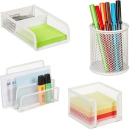 Schreibtisch Organizer Set, 4-tlg., Metall, Dokumentenhalter, Zettelbox, Büroklammer- & Stiftehalter, weiß - Relaxdays