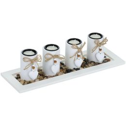 Teelichthalter Set mit Tablett & Steinen, 39,5 cm lang, Tischdeko Wohnzimmer, Esszimmer, Kerzenhalter, weiß - Relaxdays