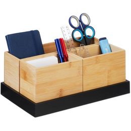 Relaxdays - Bambus Organizer, 4-teiliges Set, Schreibtischutensilien, Kosmetik, für Büro, Bad, Ablageschale, natur/schwarz