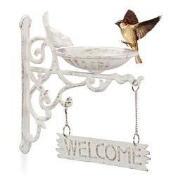 Relaxdays - Vogeltränke Gusseisen, welcome Schild, Gartendeko, Wandmontage, Vintage, Wasserschale für Wildvögel, weiß