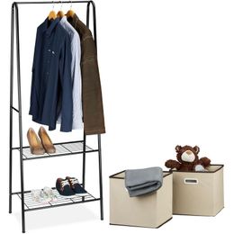Relaxdays 3 teiliges Garderoben Set, Kleiderständer mit 2 Ablagen und Kleiderstange, 2er Pack Faltboxen