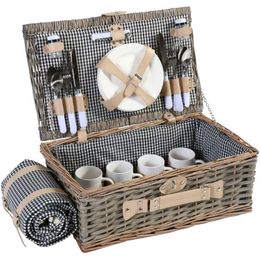 Picknickkorb-Set HHG 140 für 4 Personen, Weiden-Korb, Porzellan Edelstahl schwarz-weiß - grey