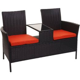 HHG - Poly-Rattan Sitzbank mit Tisch 243, Gartenbank Sitzgruppe Gartensofa, 132cm schwarz, Kissen terracotta - black