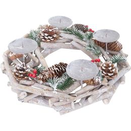 HHG Tischkranz rund, Weihnachtsdeko Adventskranz, Holz ø 35cm weiß-grau ohne Kerzen - white