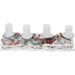 HHG - Adventsgesteck länglich, Weihnachtsdeko Adventskranz, Holz 11x15x50cm weiß-grau mit Kerzen, weiß - white