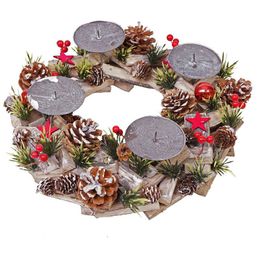 Adventskranz HHG 494, Weihnachtsdeko Adventsgesteck Weihnachtsgesteck, Holz rund ø 33cm ohne Kerzen - multicolour