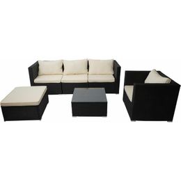 HHG Neuwertig] Poly-Rattan-Garnitur Busto, Gartengarnitur Sitzgruppe Sofa Lounge-Set schwarz, Kissen creme - black