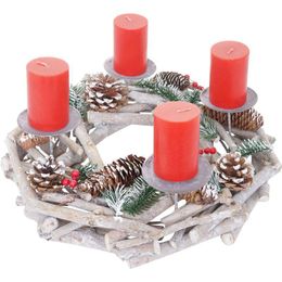HHG Tischkranz rund, Weihnachtsdeko Adventskranz, Holz Ø 35cm weiß-grau mit Kerzen, rot - white
