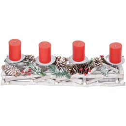 HHG Adventsgesteck länglich, Weihnachtsdeko Adventskranz, Holz 11x15x50cm weiß-grau mit Kerzen, rot - white