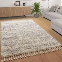 Hochflor Teppich Wohnzimmer Shaggy Langflor Mit Fransen Meliert Creme Grau 120x170 cm - Paco Home