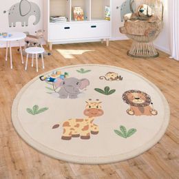 Paco Home - Teppich Kinderzimmer Spielmatte Waschbar Rutschfest Regenbogen Planet Tiere Soft Beige, 120 cm Rund