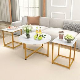 Costway 3er Set Couchtisch, Beistelltisch Metallrahmen, 1 runder Kaffeetisch & 2 quadratische Tische, moderner Wohnzimmertisch Kaffeetisch, Satztisch für