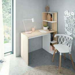 Schreibtisch Dlup, linearer Schreibtisch mit Bücherregal, platzsparender Mehrzweck-Bürotisch, 110 x 52 x 136 cm, Weiß und Eiche - Dmora