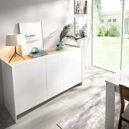 Sideboard Dariol, Buffet für Wohnzimmer, Modernes Sideboard für Wohnzimmer mit 3 Türen, 138x42h76 cm, Weiß und Eiche - Dmora