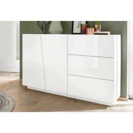 Modernes Sideboard mit 2 Türen und 3 Schubladen, Made in Italy, Küchen-Sideboard, Wohnzimmer-Design-Buffet, 141x43h86 cm, glänzend weiße Farbe - Dmora