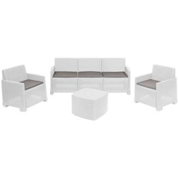 Lounge-Set für draußen Alassio, Garten-Set mit 2 Sesseln, 1 Sofa und 1 Aufbewahrungstisch, Rattan-Effekt mit Kissen, 100 % Made in Italy, Weiß, mit