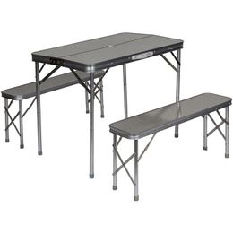 Wiederverschließbares Camping- und Picknickset, Aluminium- und Kunststoffstruktur, graue Farbe, Tisch misst 60 x 71 x 90 cm, Bänke messen 87 x 38 x