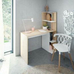 Schreibtisch Peekskill, linearer Schreibtisch mit Bücherregal, platzsparender Mehrzweck-Bürotisch, 110x52h136 cm, Weiß und Eiche - Dmora