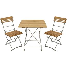DEGAMO Biergarten - Garnitur münchen 3-teilig (2x Stuhl, 1x Tisch 70x70cm eckig), Flachstahl verzinkt + Robinie - braun