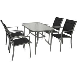 DEGAMO Pino: Garnitur 5-teilig (4x Staplesessel mit Armlehnen, 1x Tisch 70x120cm), Gestell Stahl grau, Bezug Kunstgewebe schwarz, Tischplatte Glas - schwarz