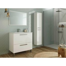 CAESAROO Badezimmerschrank auf dem boden 80 cm Glänzend weiß mit spiegel Glänzendes Weiß - Mit Led-Lampe