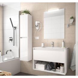 CAESAROO Badezimmer Badmöbel 60 cm aus Glänzendes Weiß Holz mit Schublade und Fächer 60 cm - mit spiegel und led Lampe