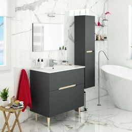 CAESAROO Bodenstehender Badezimmerschrank 80 cm Anthrazitgrau und Helle Eiche mit Spiegel und Keramikwaschtisch Standard - Eiche und Anthrazitgrau