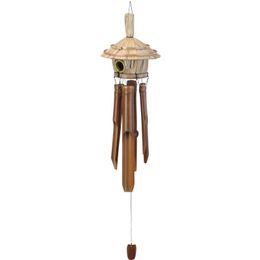 Spetebo - Bambus Windspiel mit Vogelhaus in Form Einer Strandhütte - 45x17cm - Vogelhäuschen Wind Klangspiel