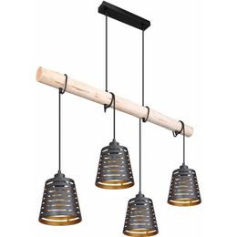 etc-shop Pendelleuchte Holzbalken Hängelampe Retro Esszimmerlampe hängend mit vier Metallschirmen, schwarz gold, 4x E27, LxBxH 85x17x120 cm, Wohnzimmer