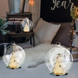 etc-shop Tischleuchte Weihnachtsdeko led Dekoleuchte Glaskugel, Christbaumkugel, mit Tannenbaum und Schneeflocken, 3er Set