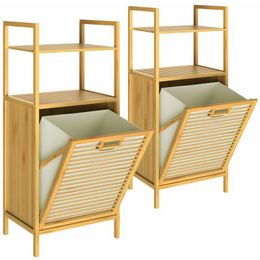 Casaria - Badregal mit Wäschekorb 35l Bambusregal Badezimmerregal natur 2 Ablagen Wäschesammler Wäschebox Regal 1er/2er Set 2x