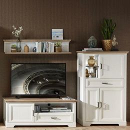 Lomadox TV-Möbel Set JÜLICH-36 in Pinie weiß und Artisan Eiche Nb., mit Wandboard & Highboard - b/h/t: 251/180/51cm - weiß