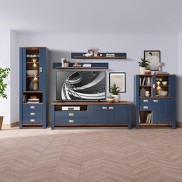 Lomadox Wohnwand in blau im Landhaus Design DEVON-36 Details in Eiche Nb. 5-teilig, mit TV-Lowboard und led Beleuchtung - blau