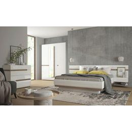 Lomadox - Schlafzimmer Komplett Set mit 160cm Bett und 3-türigem Kleiderschrank, weiß Hochglanz mit Trüffel Eiche Nb., LEGNICA-129 - weiß