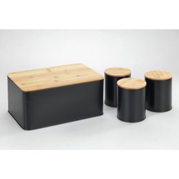 Wenko - Brotkasten mit 3 Aufbewahrungsdosen, Schwarz, mit Deckel aus Bambus, Schwarz, Metall schwarz, Bambus braun - schwarz