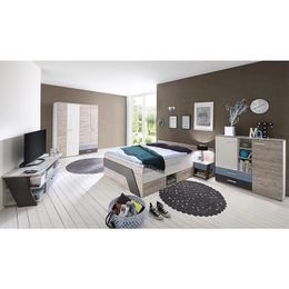 Lomadox Jugendzimmer Set mit Bett 140x200 cm 5-teilig LEEDS-10 in Sandeiche Nb. mit weiß, Lava und Denim Blau - blau