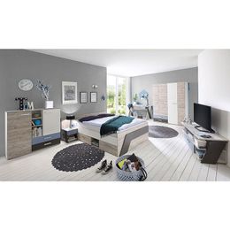 Lomadox Jugendzimmer Set mit Bett 140x200 cm 6-teilig LEEDS-10 in Sandeiche Nachbildung mit weiß, Lava und Denim Blau - grau