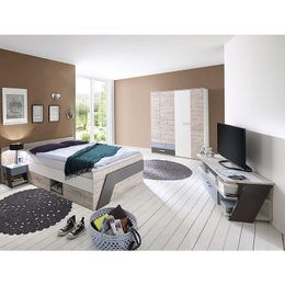 Lomadox Jugendzimmer Set mit Bett 140x200 cm 4-teilig LEEDS-10 in Sandeiche Nb. mit weiß, Lava und Denim Blau mit Lowboard - grau