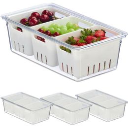 Relaxdays - Kühlschrank Organizer, 4er Set, stapelbar, 3 Abtropfkörbe, Lebensmittel Organizer mit Deckel, transparent/weiß