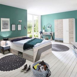 Lomadox Jugendzimmer Set mit Bett 140x200 cm und Schreibtisch 4-teilig LEEDS-10 in Sandeiche Nb. mit weiß, Lava und Denim Blau - grau