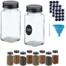 Gewürzgläser 10er Set, Streueinsatz, Gewürzdosen Glas, 120 ml, mit Etiketten & Trichter, transparent/schwarz - Relaxdays