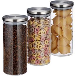 Vorratsglas 3er Set, 1,3 l, luftdicht, Edelstahl Deckel, für Pasta, Müsli & Reis, Küchenbehälter, transparent - Relaxdays