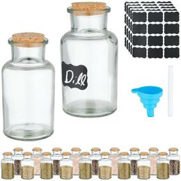Gewürzgläser 20er Set, Korkdeckel, Gewürzdosen Glas, 250 ml, inkl. Etiketten, Stift & Trichter, transparent - Relaxdays