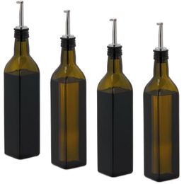 Relaxdays - Essig- und Ölspender Set, 4 Glasflaschen, 500 ml, Ausgießer, Olivenöl & Vinaigrette, leere Ölflaschen, braun