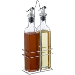 Essig- und Ölspender Set, 500 ml Glasflaschen, Eisen-Gestell, Ausgießer, hbt: 34 x 13,5 x 7,5 cm, transparent - Relaxdays