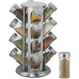 Gewürzkarussell, mit 16 Gewürzgläsern, 360° drehbar, Edelstahl, Glas, HxD 33 x 22 cm, Gewürzregal rund, silber - Relaxdays
