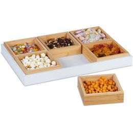 Snackschalen Set, mit Serviertablett, Bambus, 6 Schälchen, Chips, Nüsse & Süßigkeiten, Servierset, natur/weiß - Relaxdays