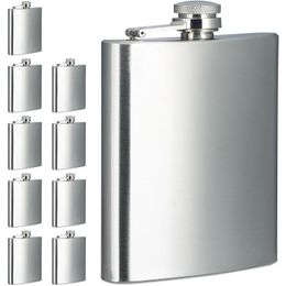 Flachmann 10er Set, 200 ml, Edelstahl Schnapsbehälter für unterwegs, Taschenflasche Schraubverschluss, silber - Relaxdays